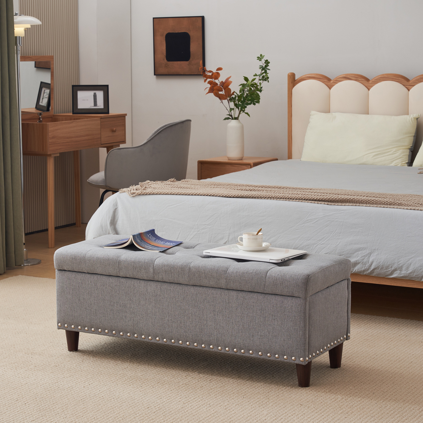 Modern Linen Footstool Ottoman Storage Bench, Bedside Stool with Solid ...