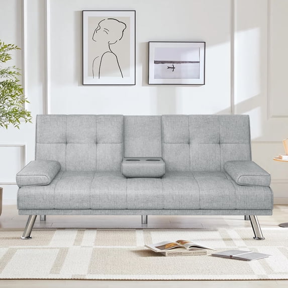 Modern Linen Futon with Cup holders and Pillows Convertible Folding ...