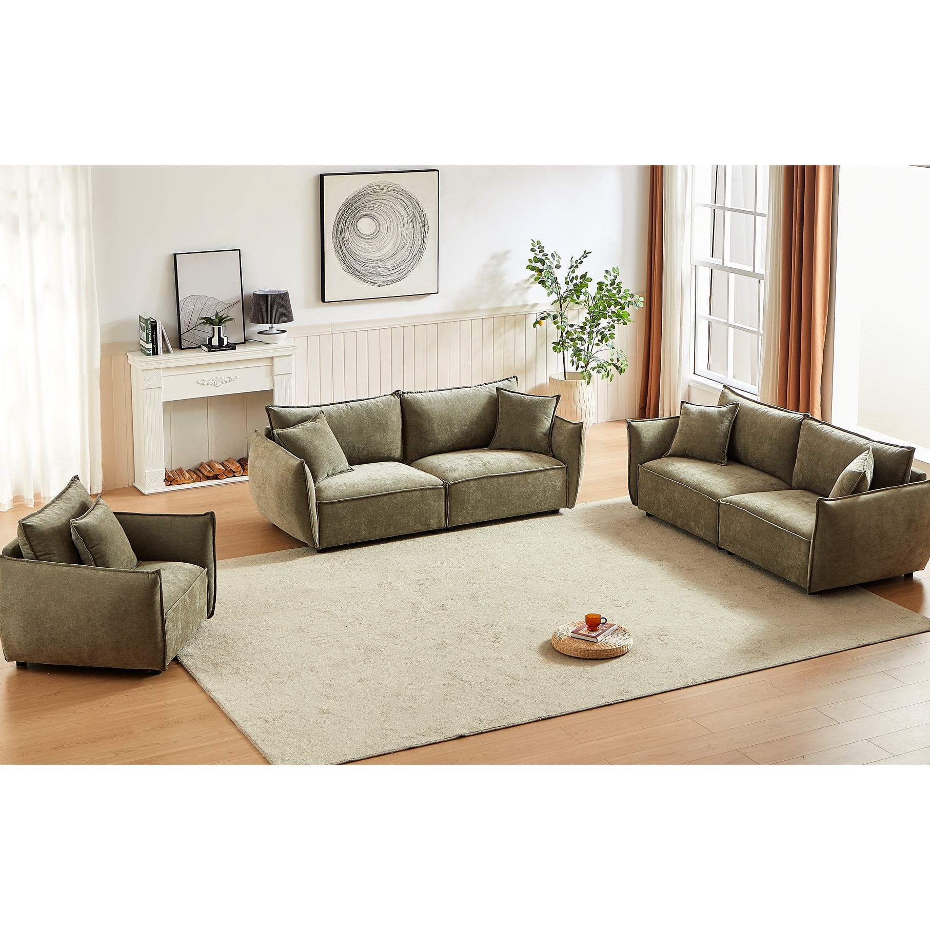 Modern Linen For Living Space, 3 + 1 , Wooden Frame, 5 Pillows, Roomier ...