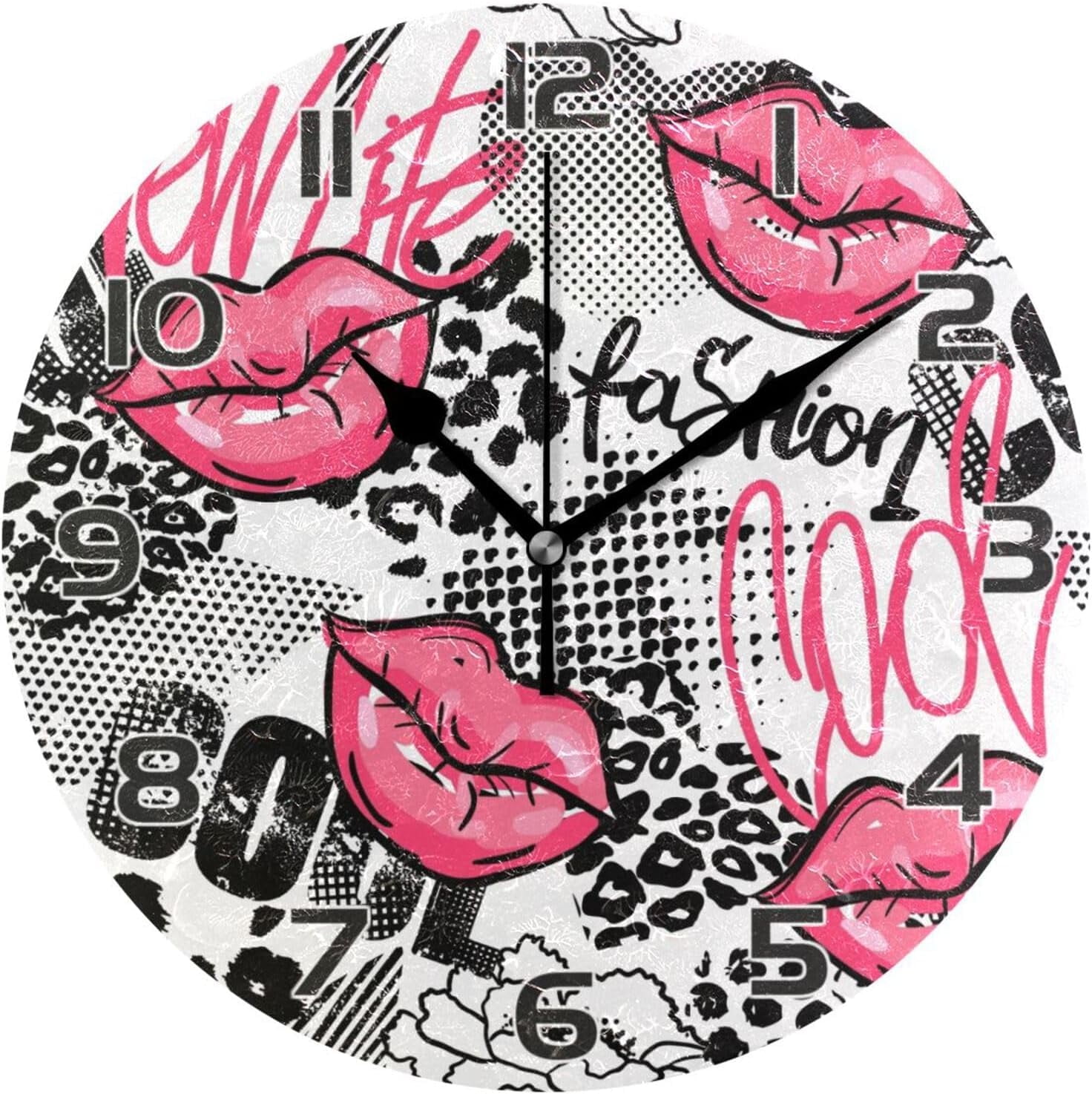 Modern Lip Graffiti Wall Clock Round Vintage Silent Non Ticking Battery ...