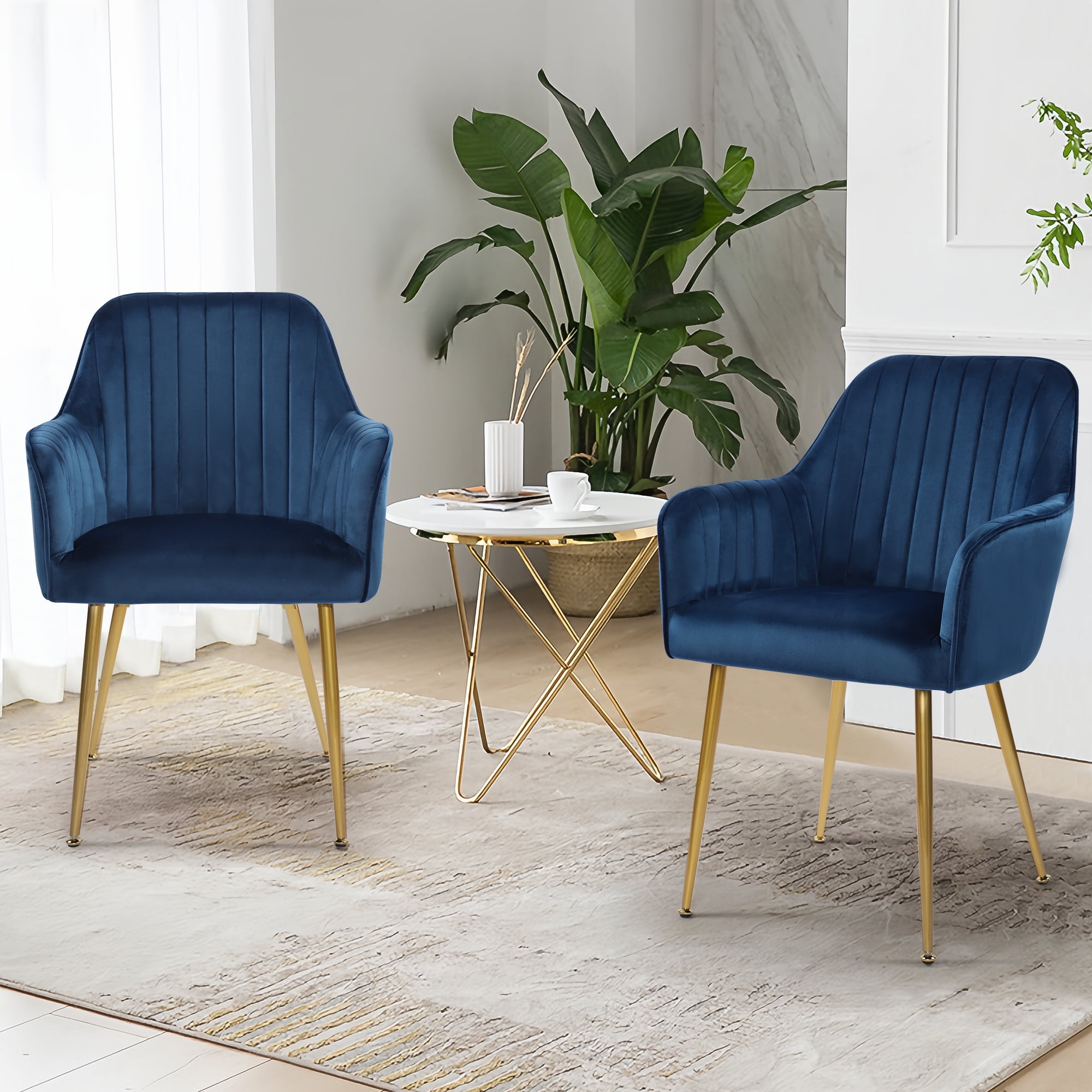 Modern Velvet Upholstered Accent Arm Chairs Set of 2, Blue with Golden ...