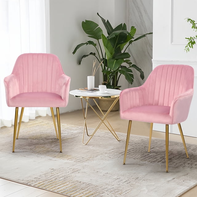 Velvet Upholstered Accent Arm Chairs, Set of 2, Pink with Golden Legs ...