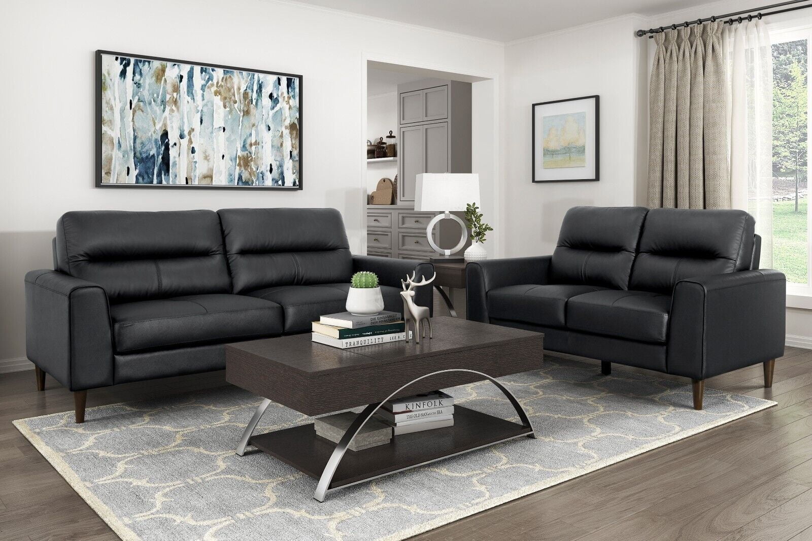 Modern Living Room 2pc Sofa Set Black Genuine Leather Sofa and Loveseat ...