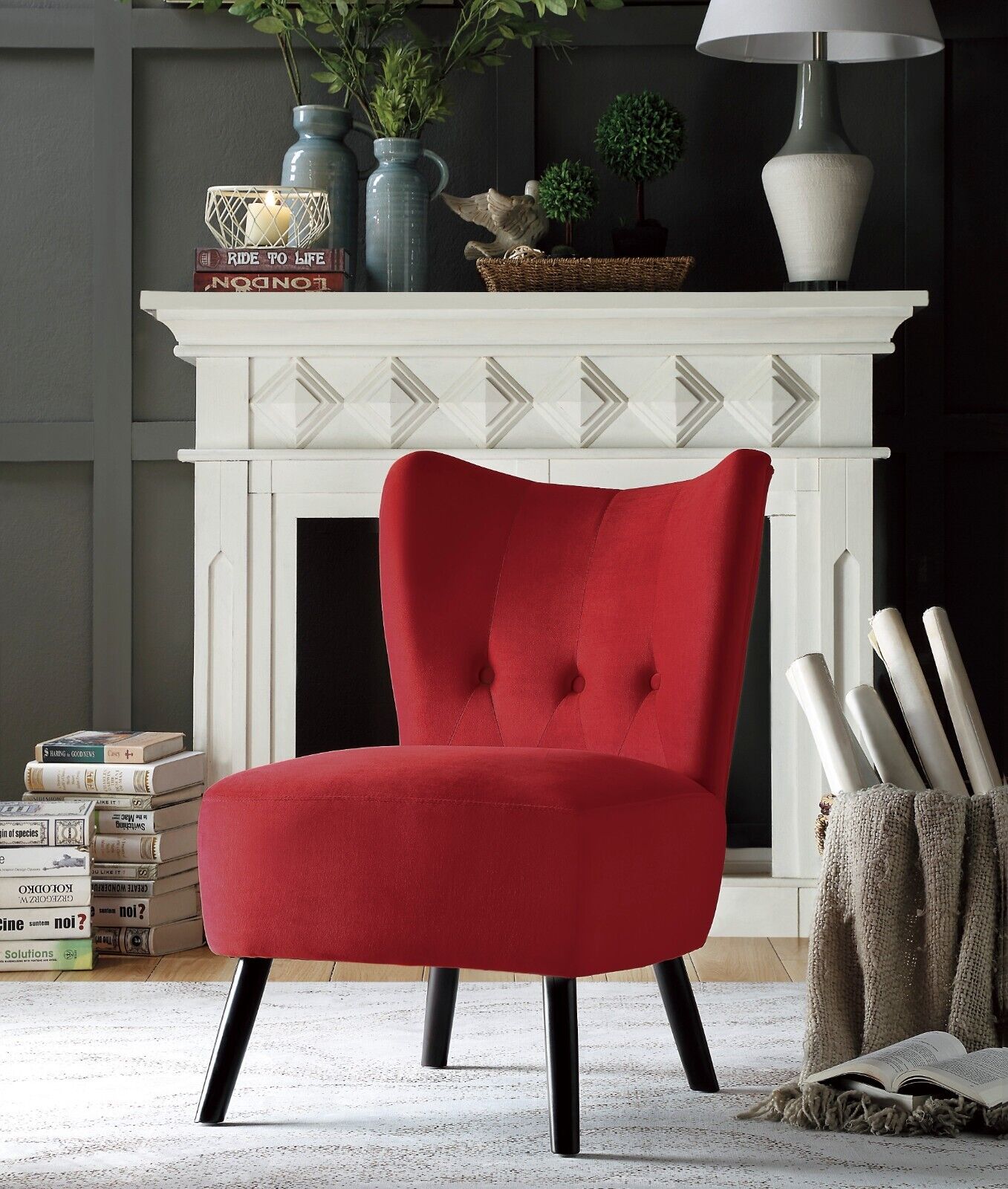Modern Living Room Accent Chair Red Velvet Fabric Bold Vibrant Button ...