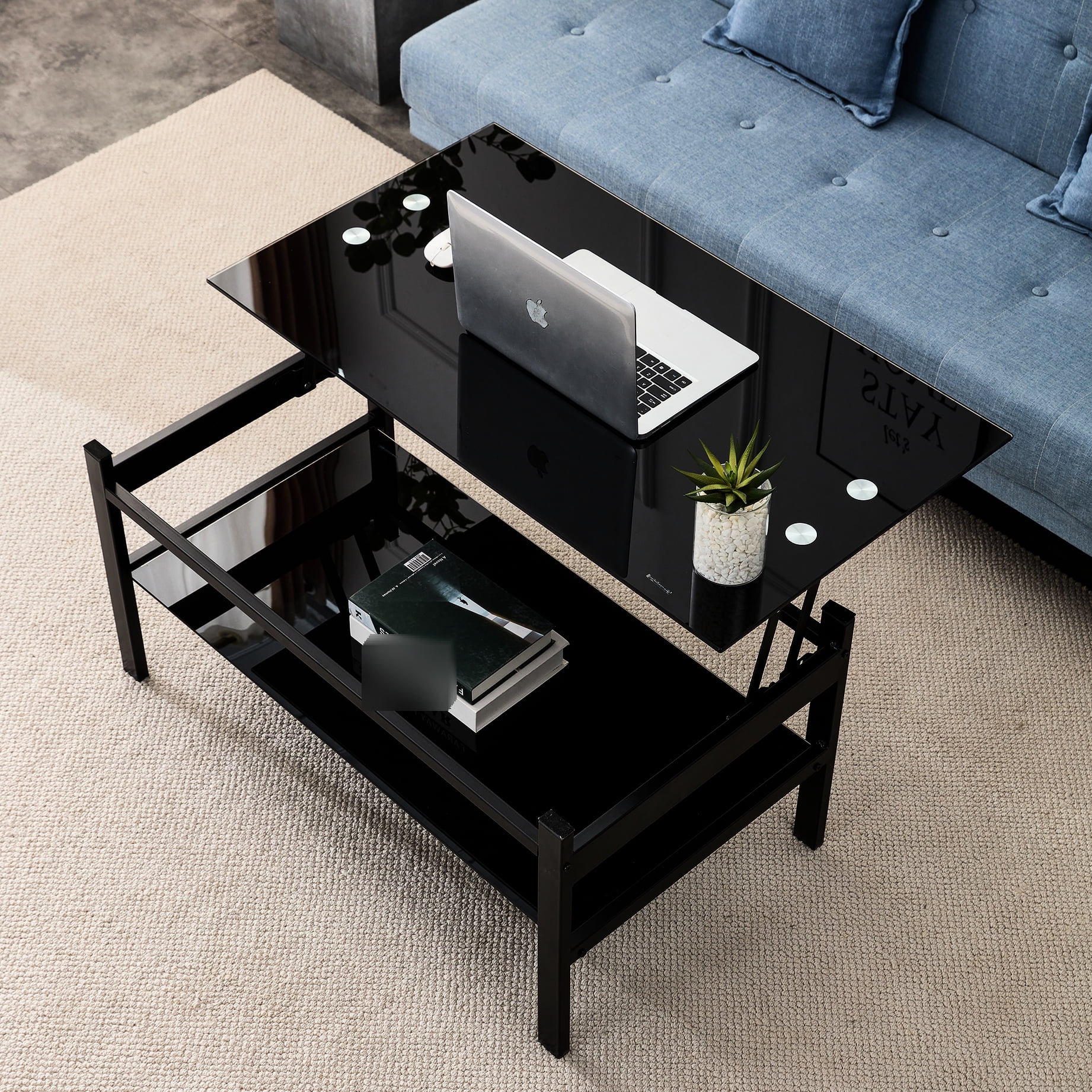 Modern Living Room Coffee Table, Black Tempered Glass With Lift ...