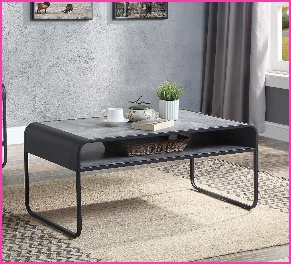 Modern Living Room Coffee Table with Faux Concrete Top & Black Metal ...