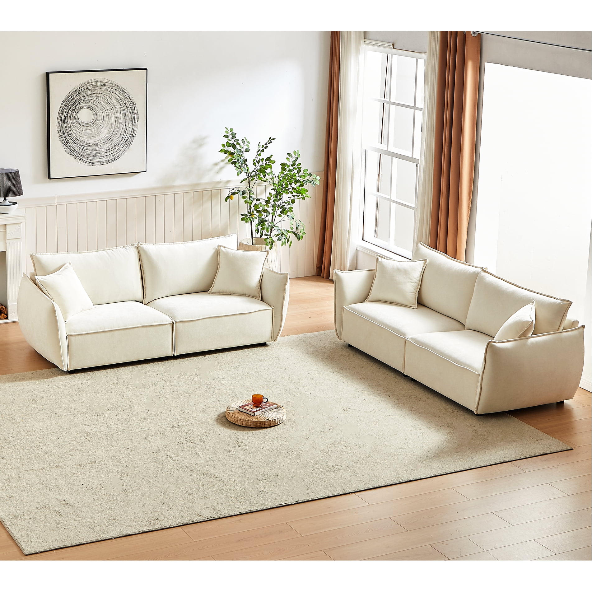 Modern Living Room Furniture - 3 + , Linen, Wooden Frame, 4 Pillows ...