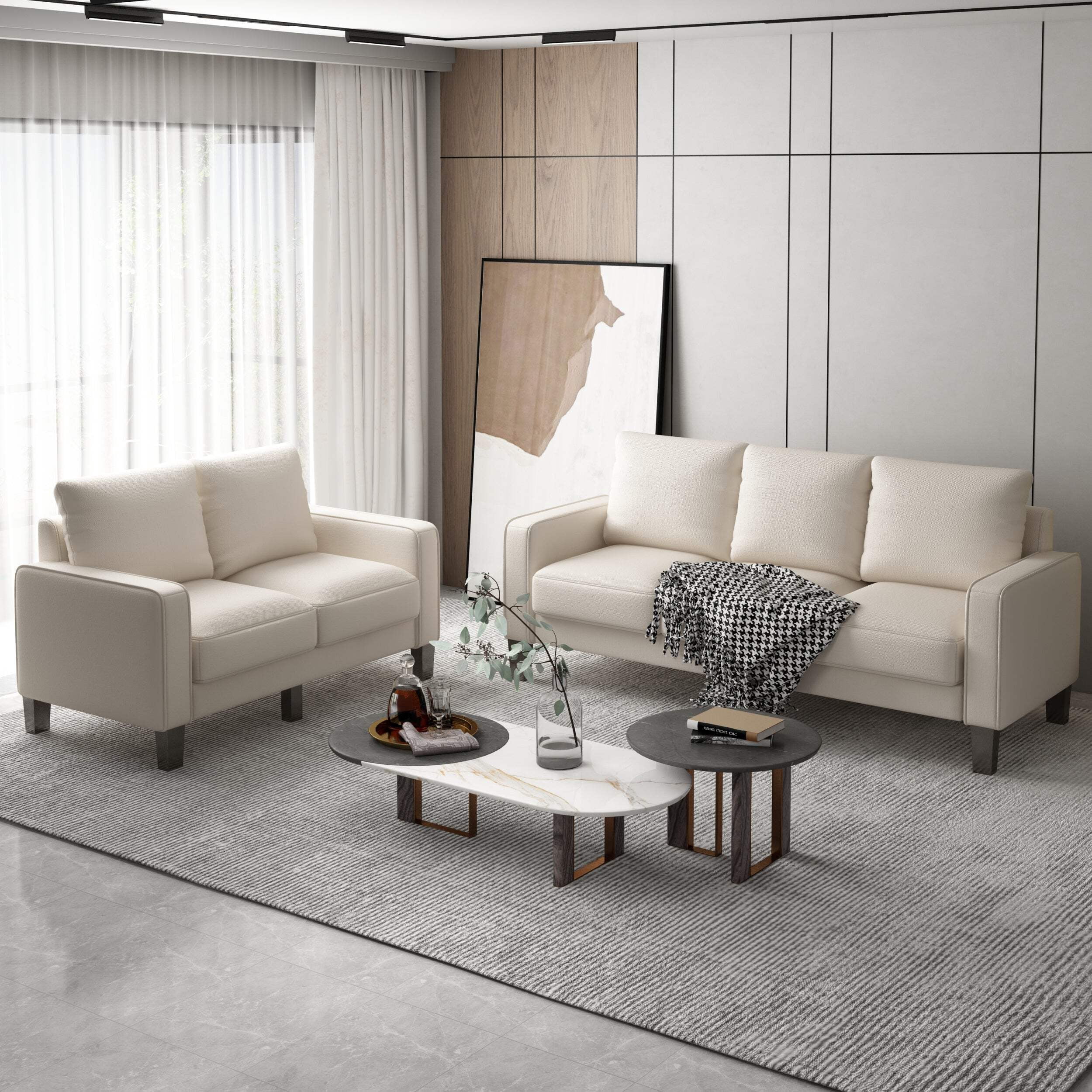 Modern Living Room Furniture Sofa In Beige Fabric 2 3 Beige Foam Fabric ...