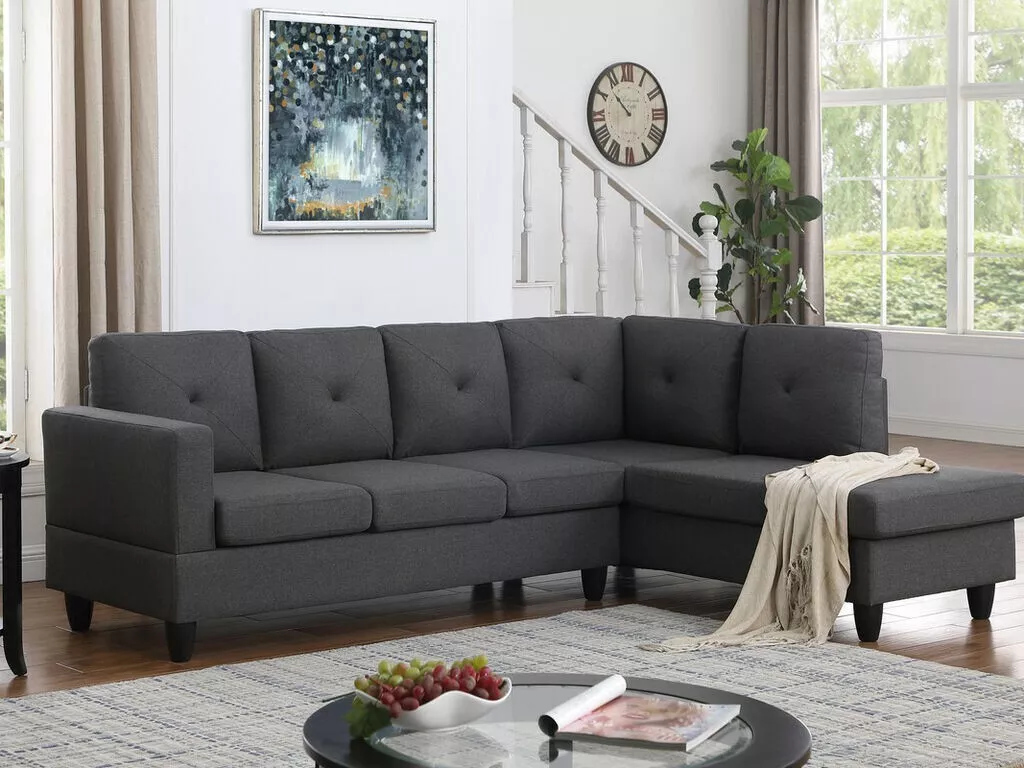 Modern Living Room L-shape Sofa Dark Gray Lenin Upholstery 2pc ...