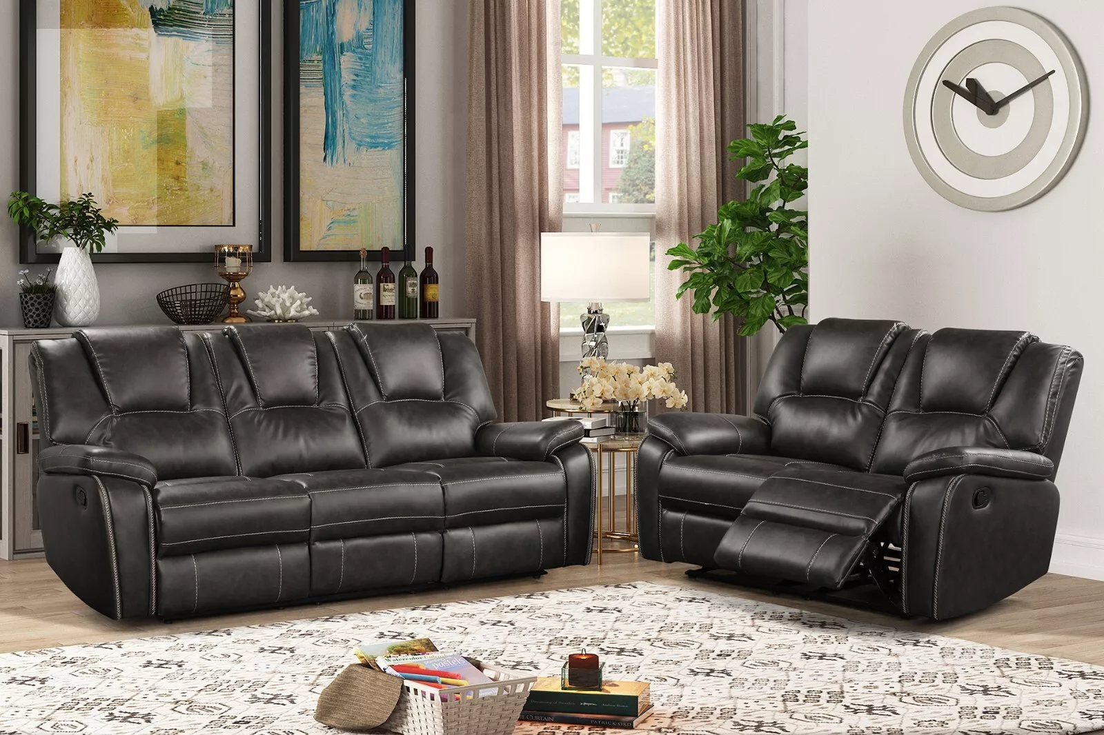 Modern Living Room Manual Reclining 2 Piece Sofa Set, Plush Pillow Top ...