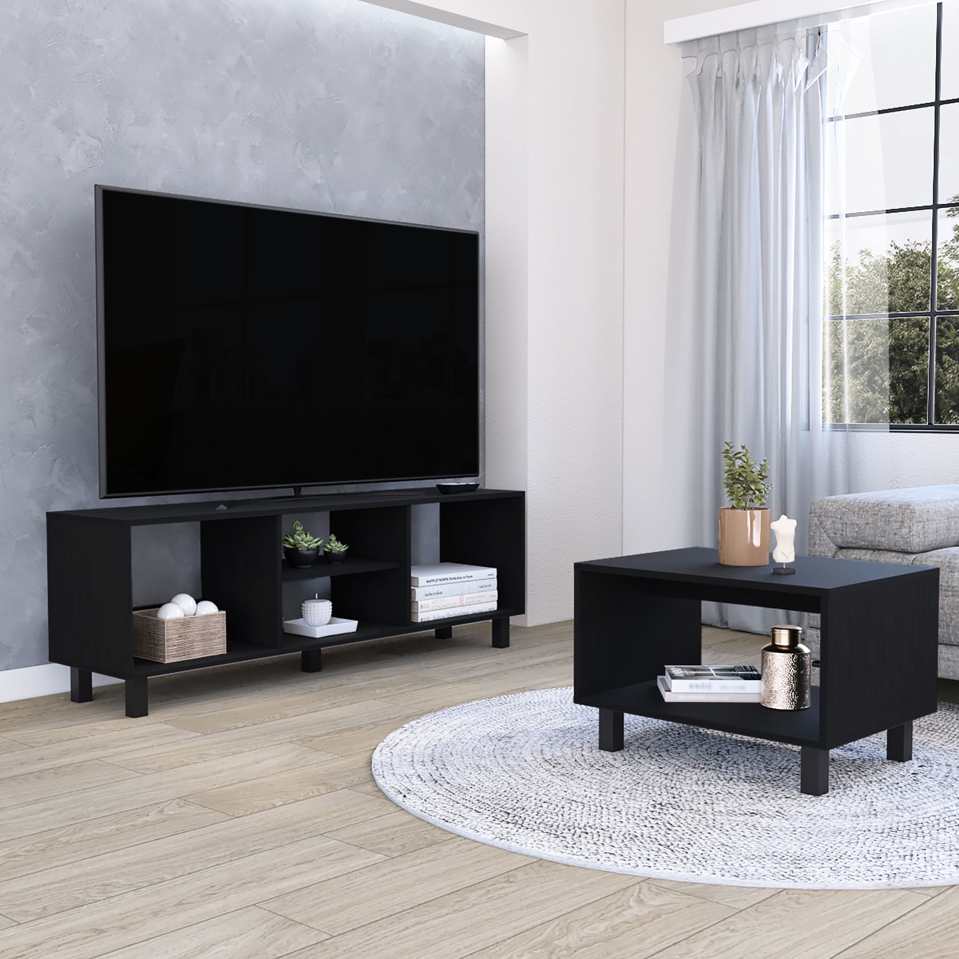 Modern Living Room Pair : Tv Stand And Coffee Table In Black Wood Duo ...