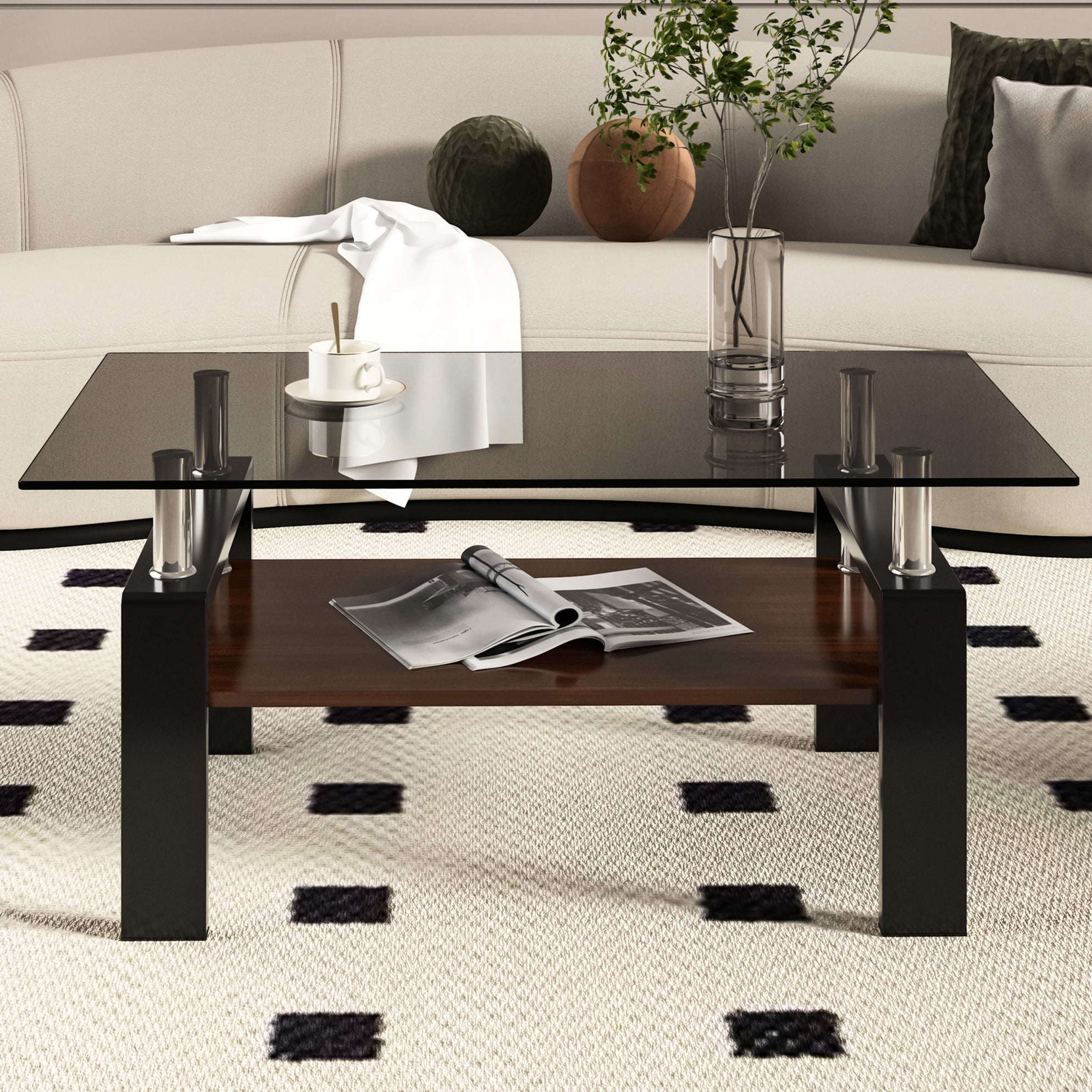 Modern Living Room Table, Gray With Smooth Tempered Glass And Support ...