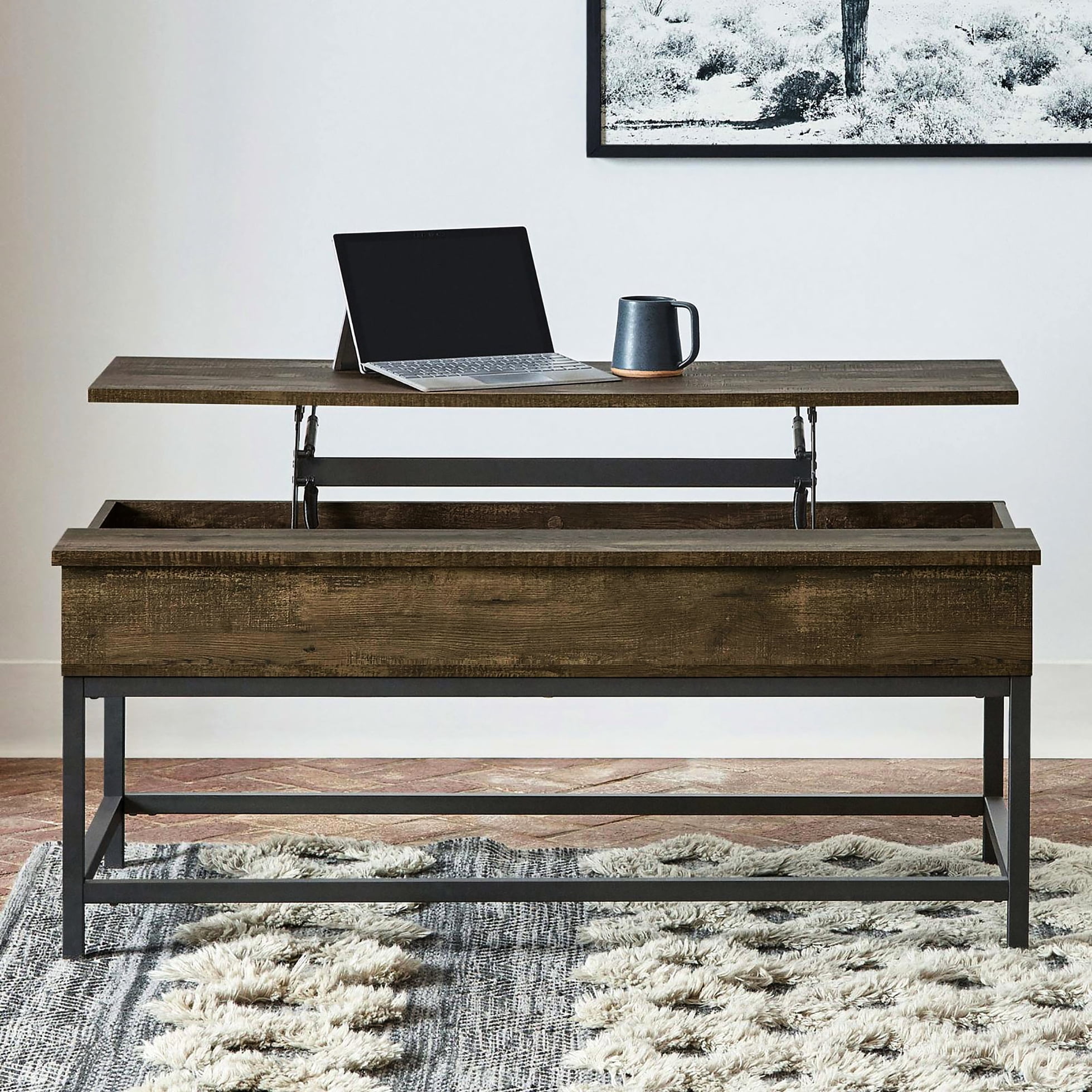 Modern Living Space Lift Top Coffee Table In Brown Oak And Sandy Black ...
