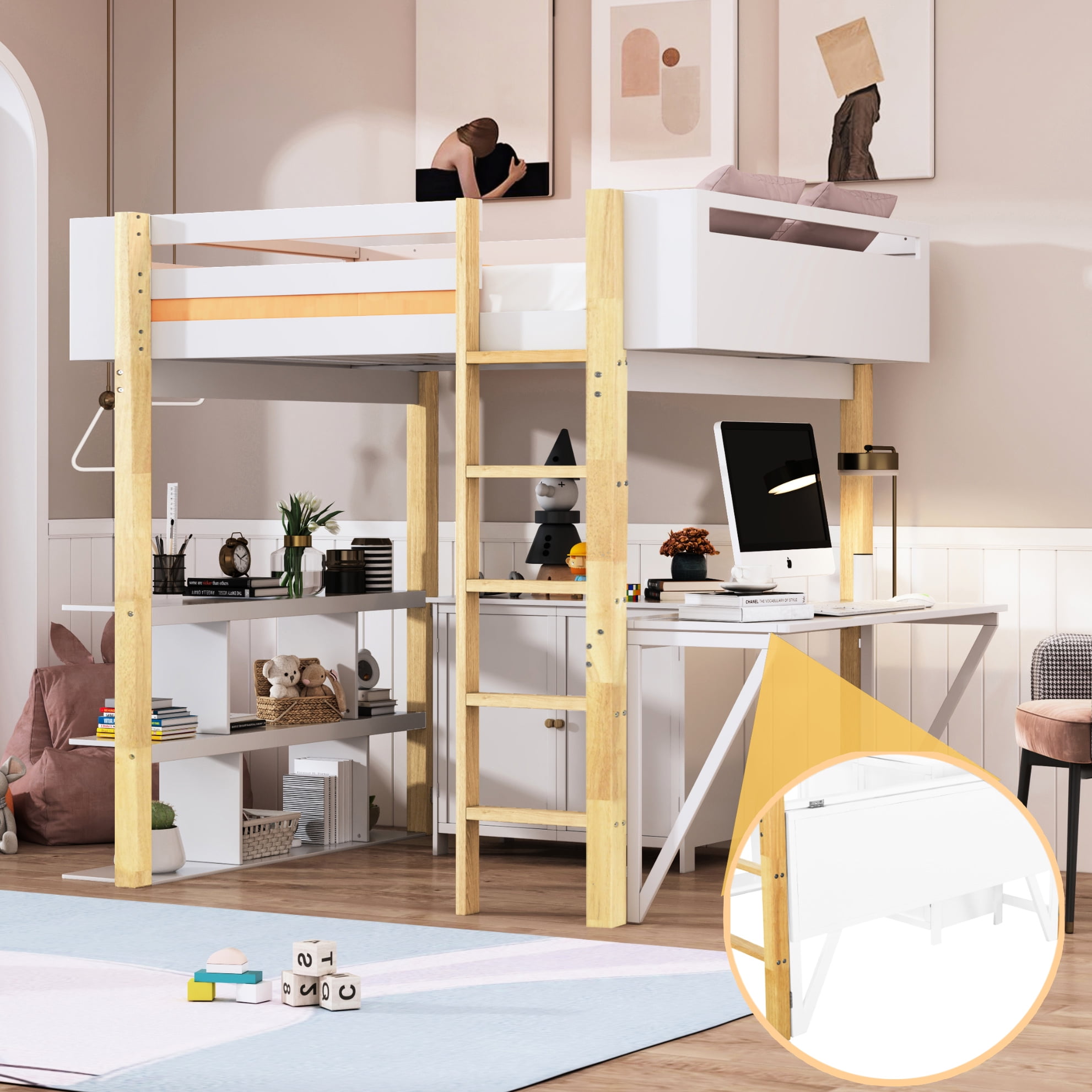 Modern Loft Bed In White With Integrated Storage And Foldable Desk Feature Versatile Cabinet ...