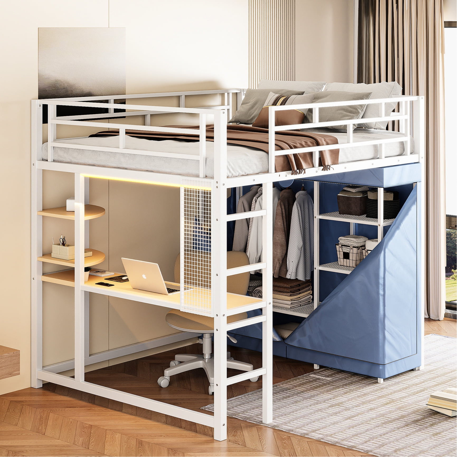 Modern Loft Metal Bed Featuring Desk, Shelf Systems, Electrical Socket ...