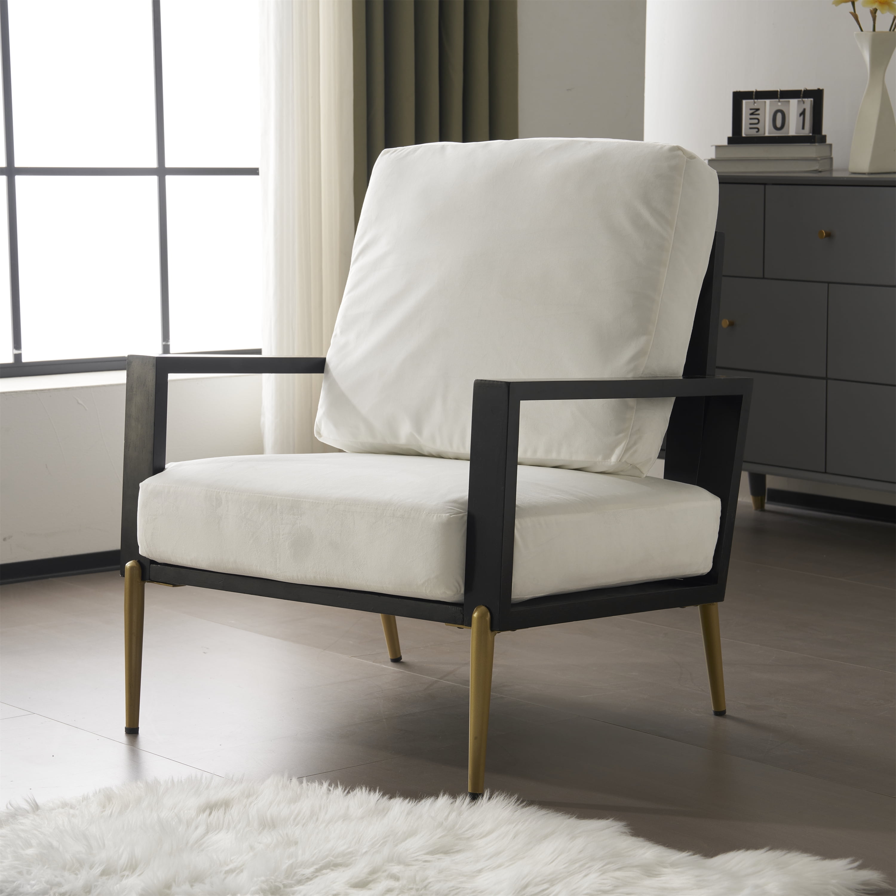 Modern Low Back White Upholstered Accent Armchair with Gold Metal Legs ...