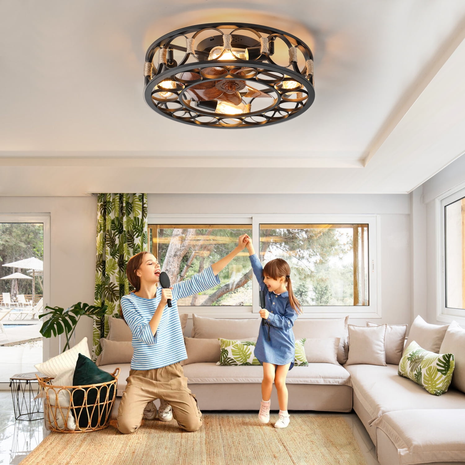 Modern Low Profile Black Caged Ceiling Fan with Lights Remote Control ...
