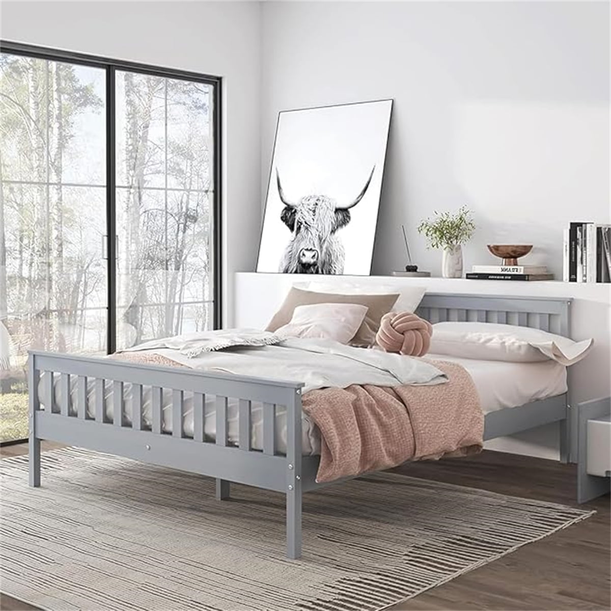 Modern Low Profile Full Size Bed Frame with Headboard, Solid Wooden ...