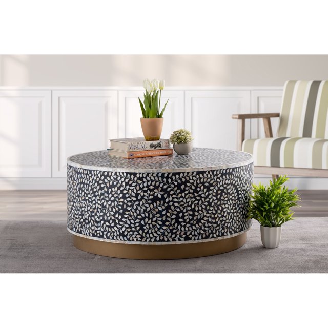 Modern Luxe Round Shaped Mother of Pearl Handmade Coffee Table in Navy ...
