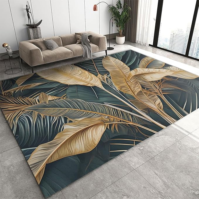 Modern Luxury Banana Leaf Area Rug, Green And Gold Geometric Plant ...