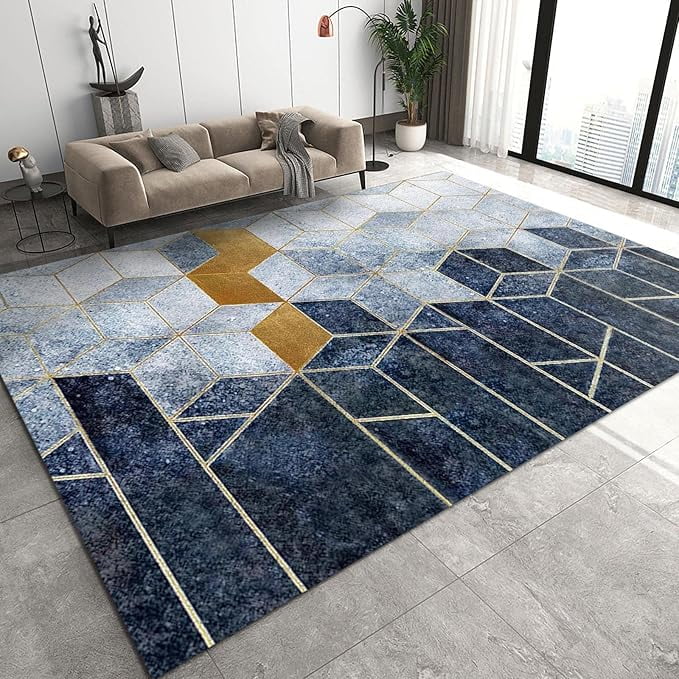 Modern Luxury Blue Gradient Area Rug, Abstract Golden Geometric Lines ...
