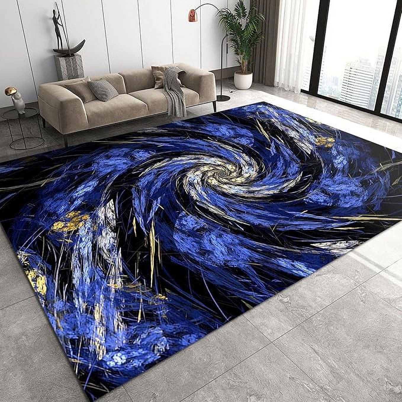 Modern Luxury Blue Swirl Living Room Rug, Abstract Black Gold Art ...