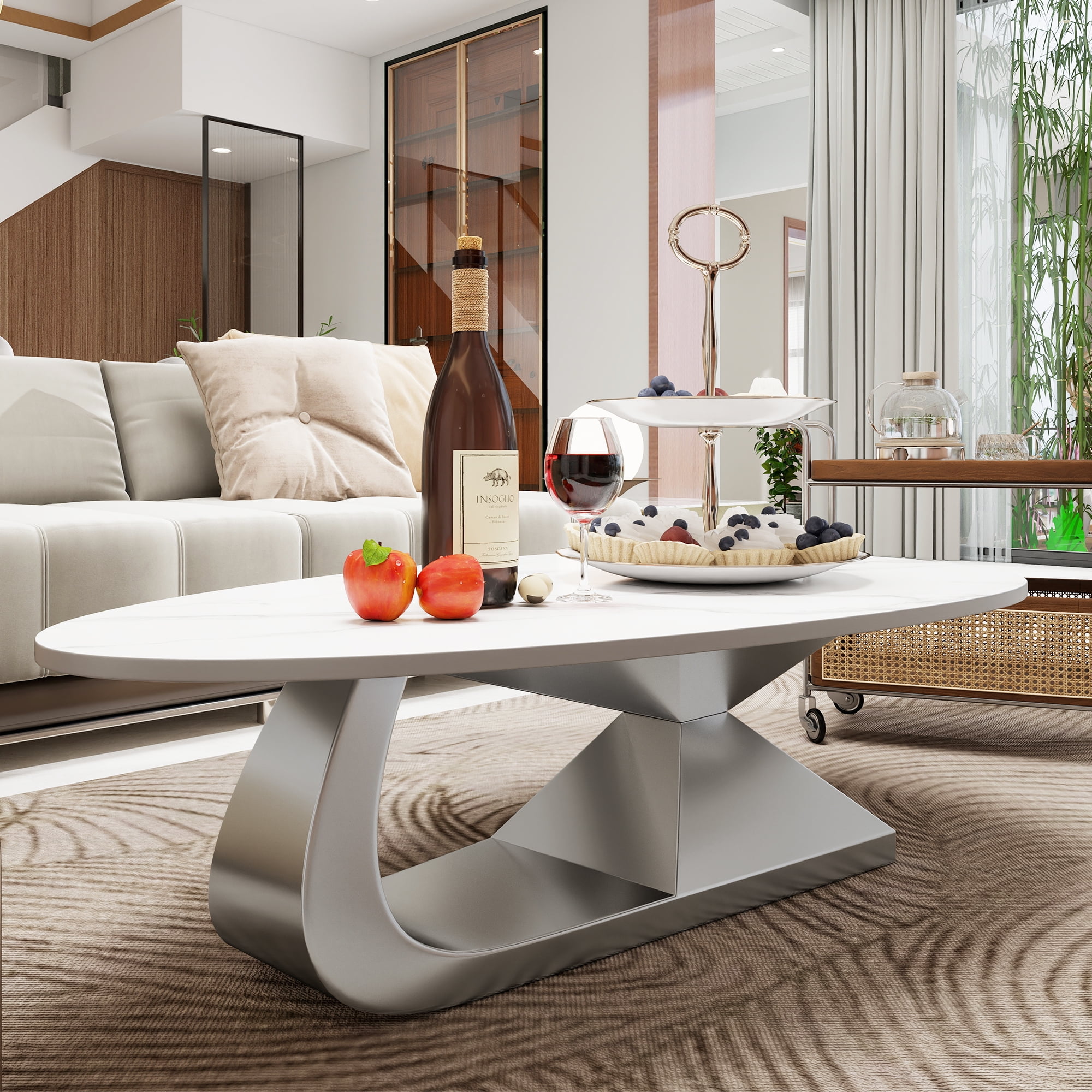 Modern Luxury Coffee Table Faux Marble Top with Abstract Grey Metal ...