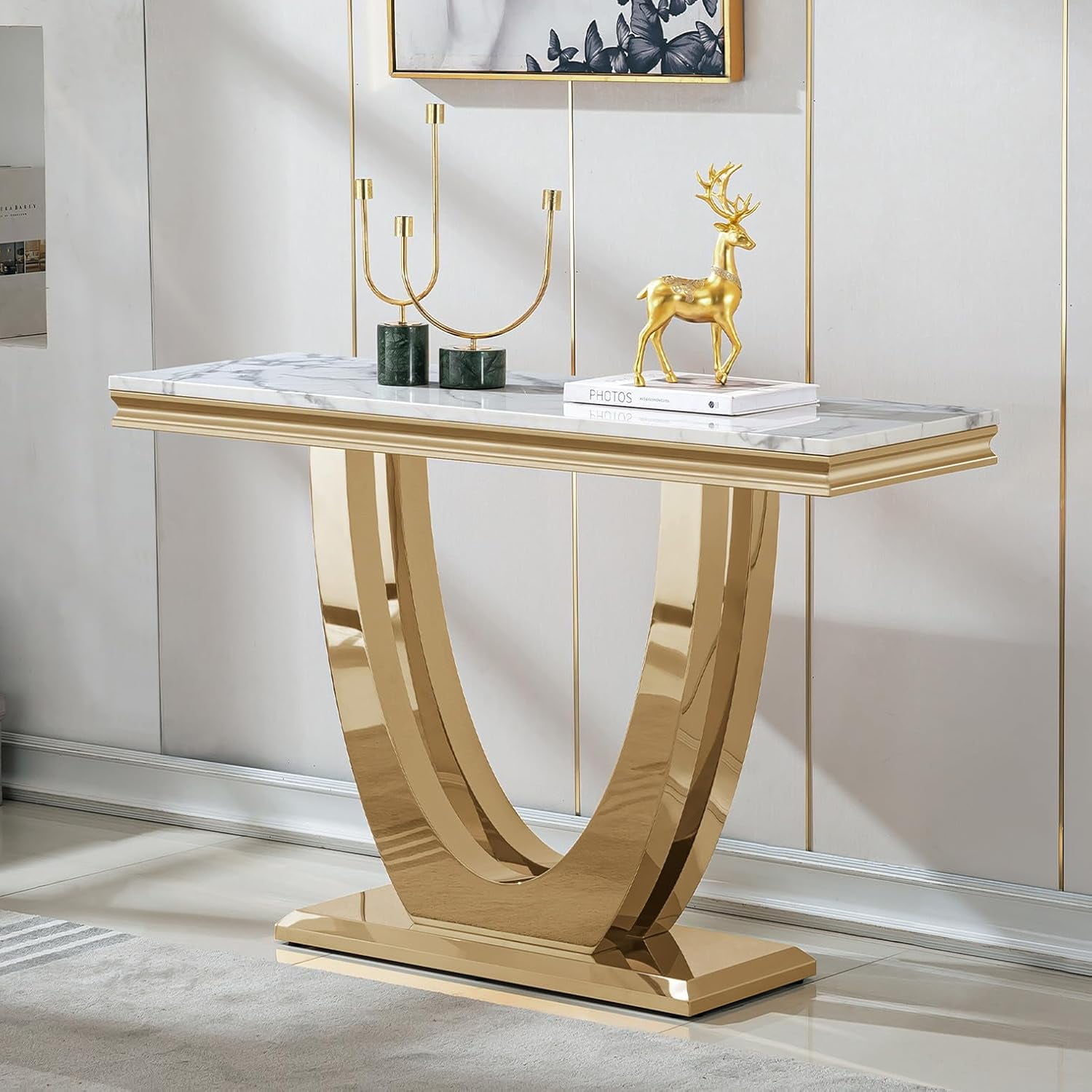 Modern Luxury Faux Marble Console Table with Polished Gold Stainless Steel U Base 47 ...