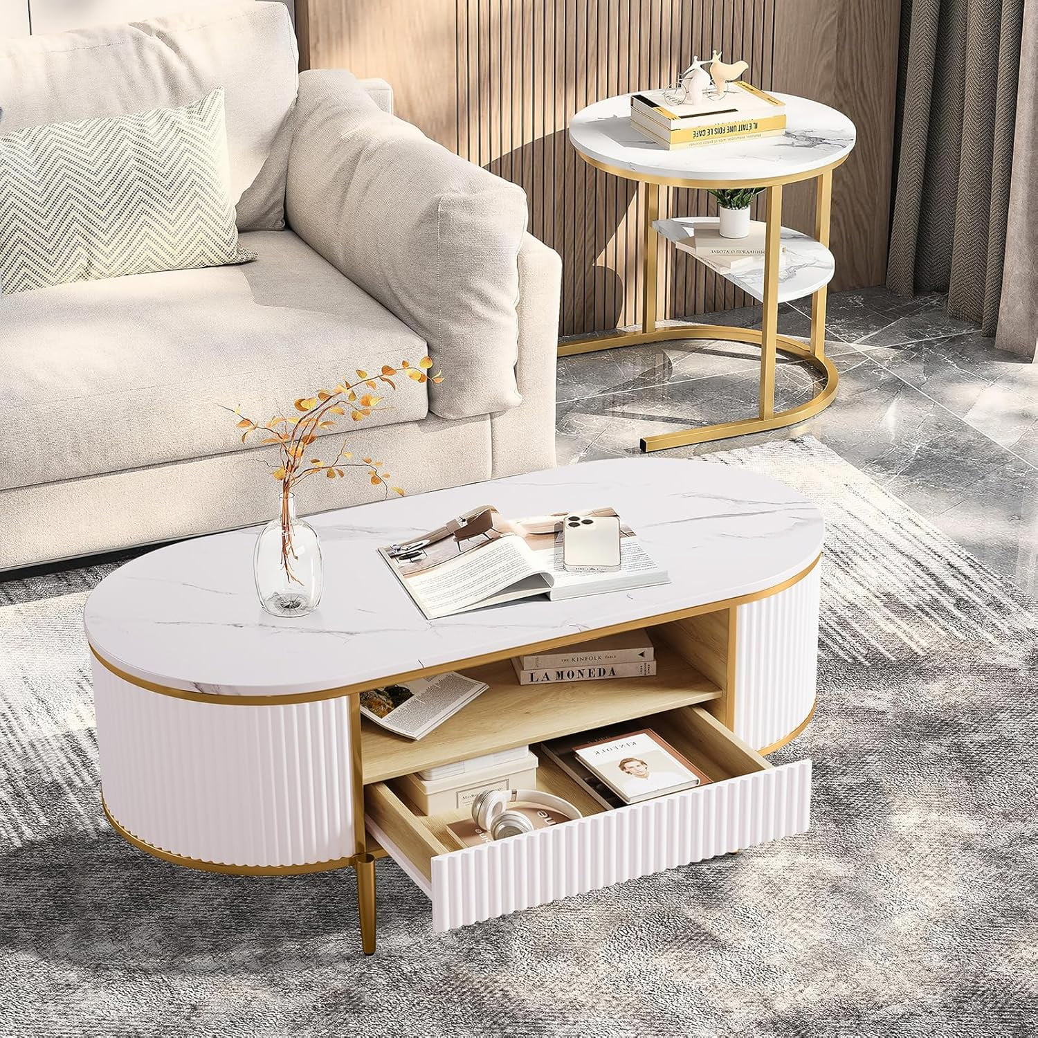 Modern Luxury Fluted Coffee Table, 48" Coffee Table with Storage Drawer ...