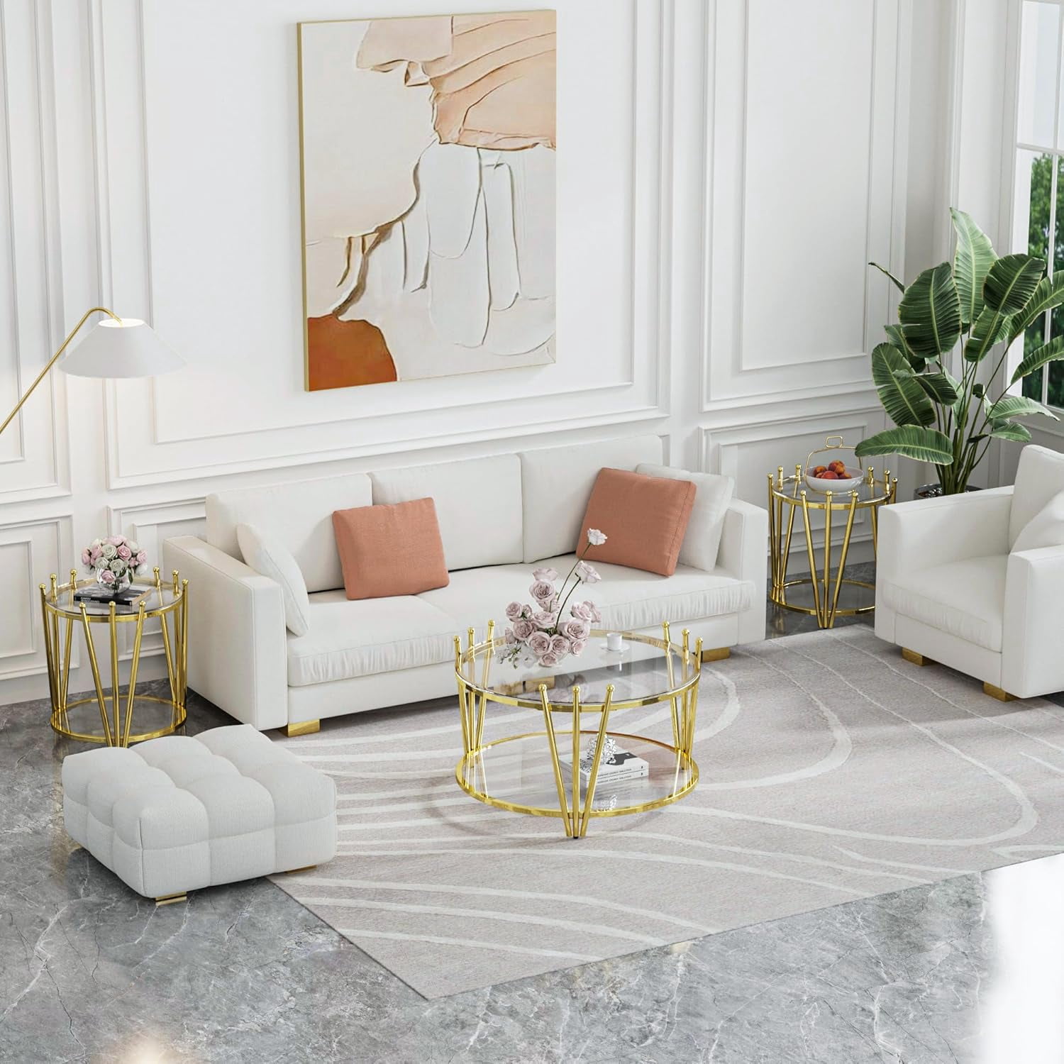 Modern Luxury Gold Round Glass Coffee Table Set of 3 with Design for ...