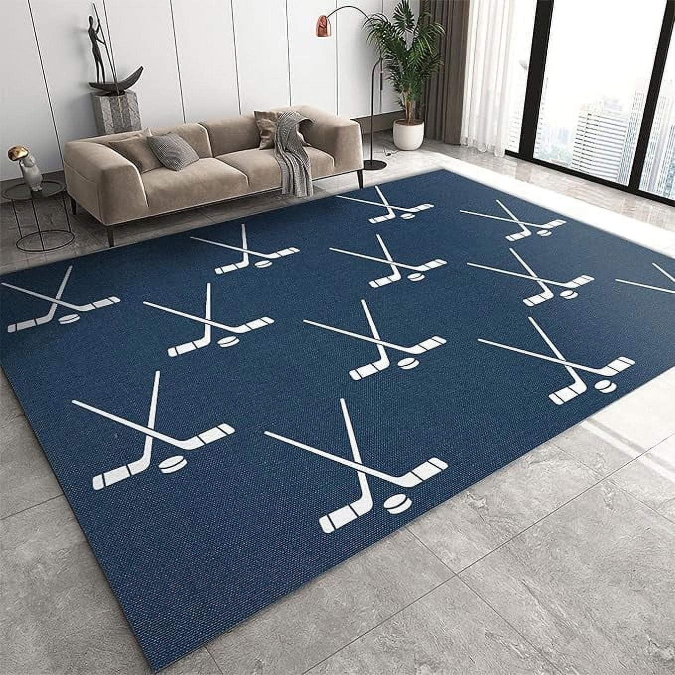 Modern Luxury Minimalist White Hockey Area Rug For Living Room, Navy ...