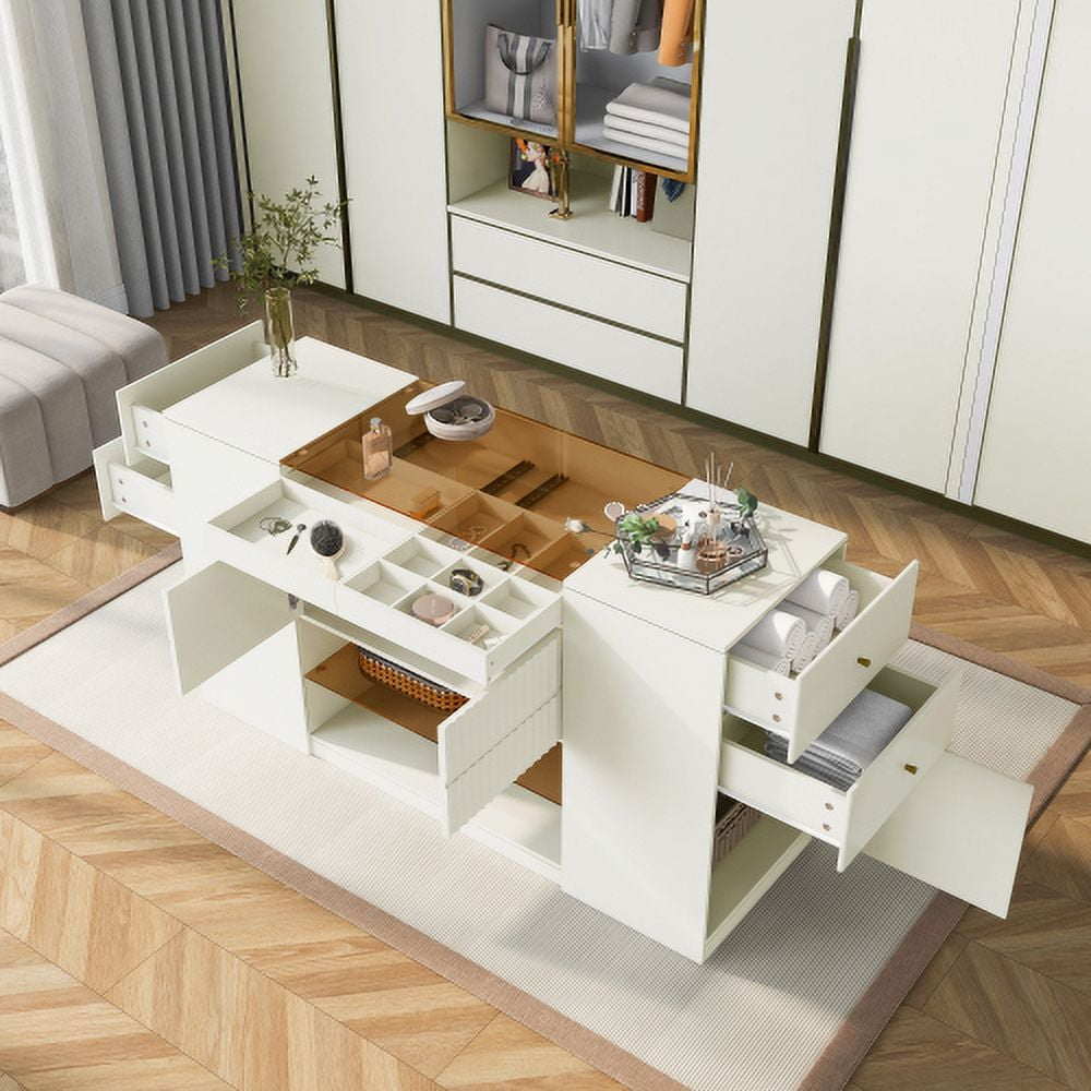 Modern Luxury Multi-Functional Island Vanity Dresser and Storage Cabinet with Glass Tabletop ...