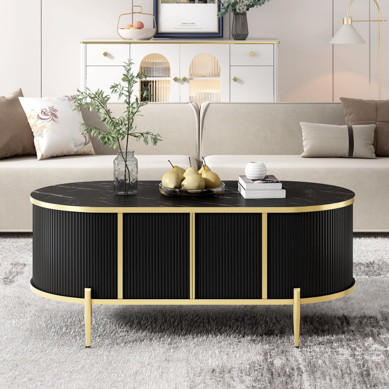 Modern Luxury Oval shaped Fluted Coffee Table, Marble-patterned Top ...