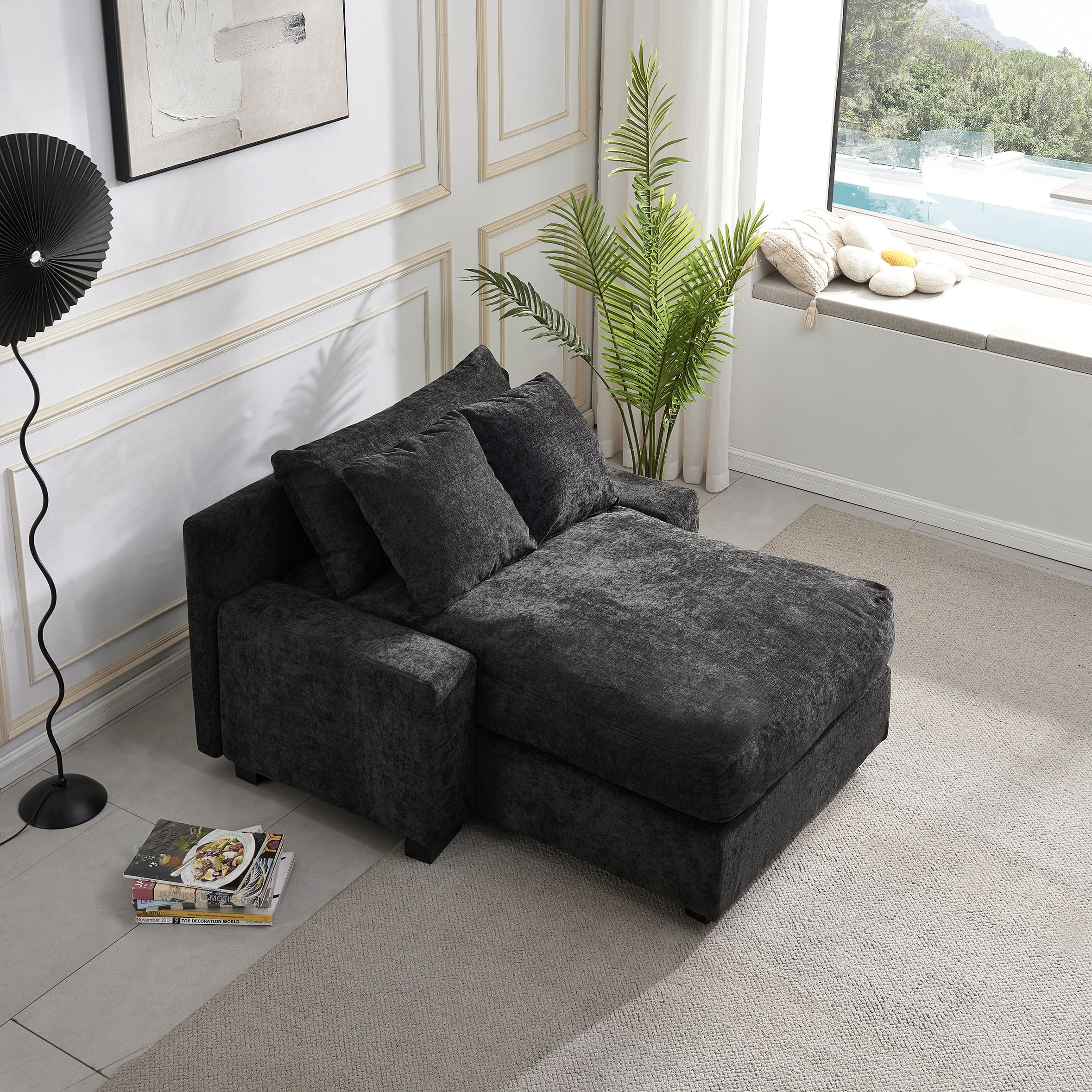 Modern Luxury Sleeper Sofa Bed - Black Chenille Upholstery, Convertible ...
