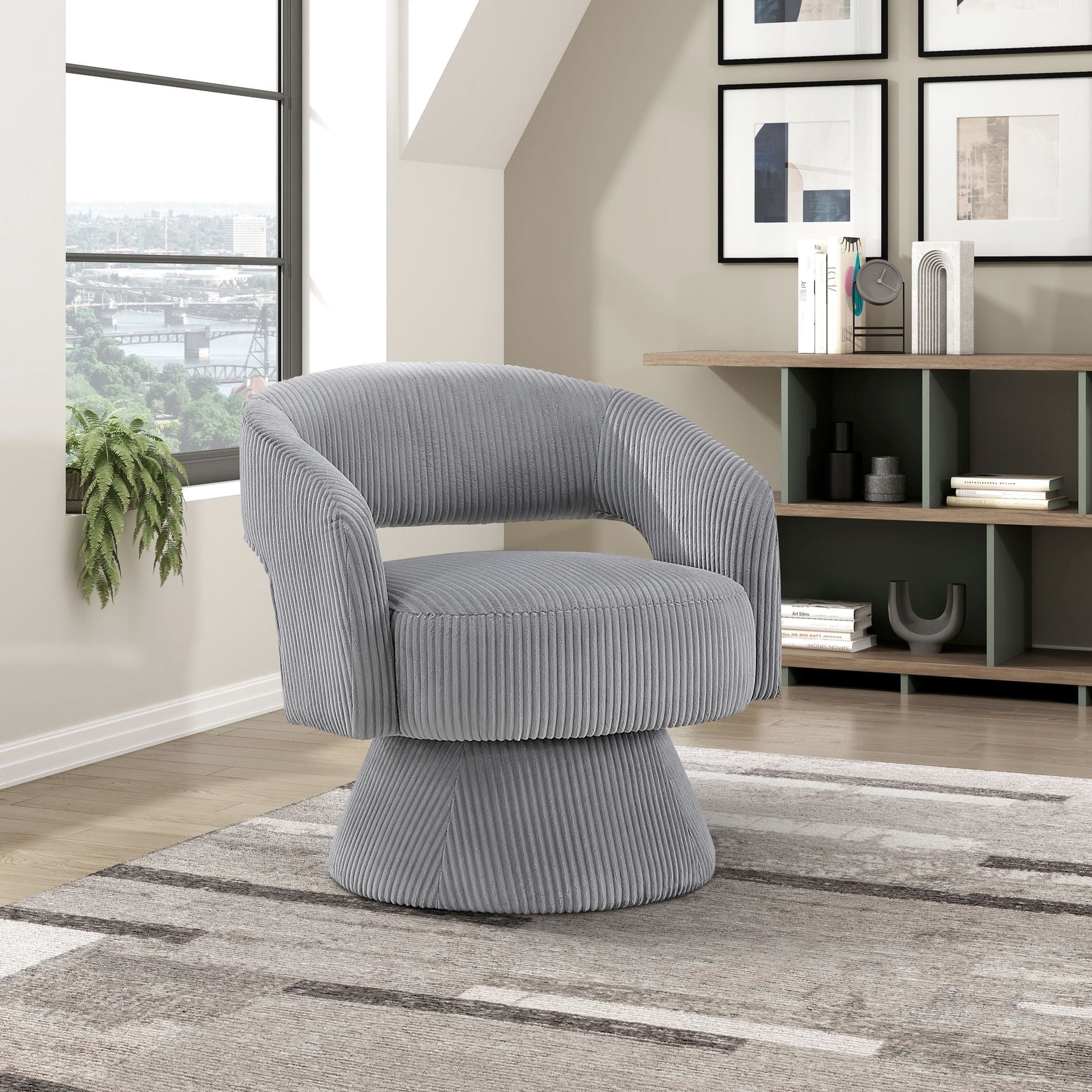 Modern Luxury Swivel Accent Chair in Dark Gray Corduroy | Solid Wood ...