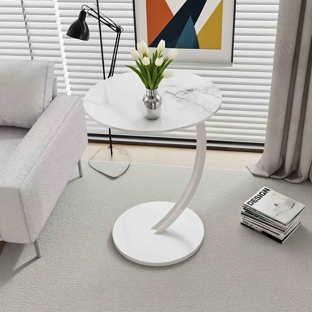 Modern Luxury Wrought Iron & Wood Side Table - Marble-Like White Top ...