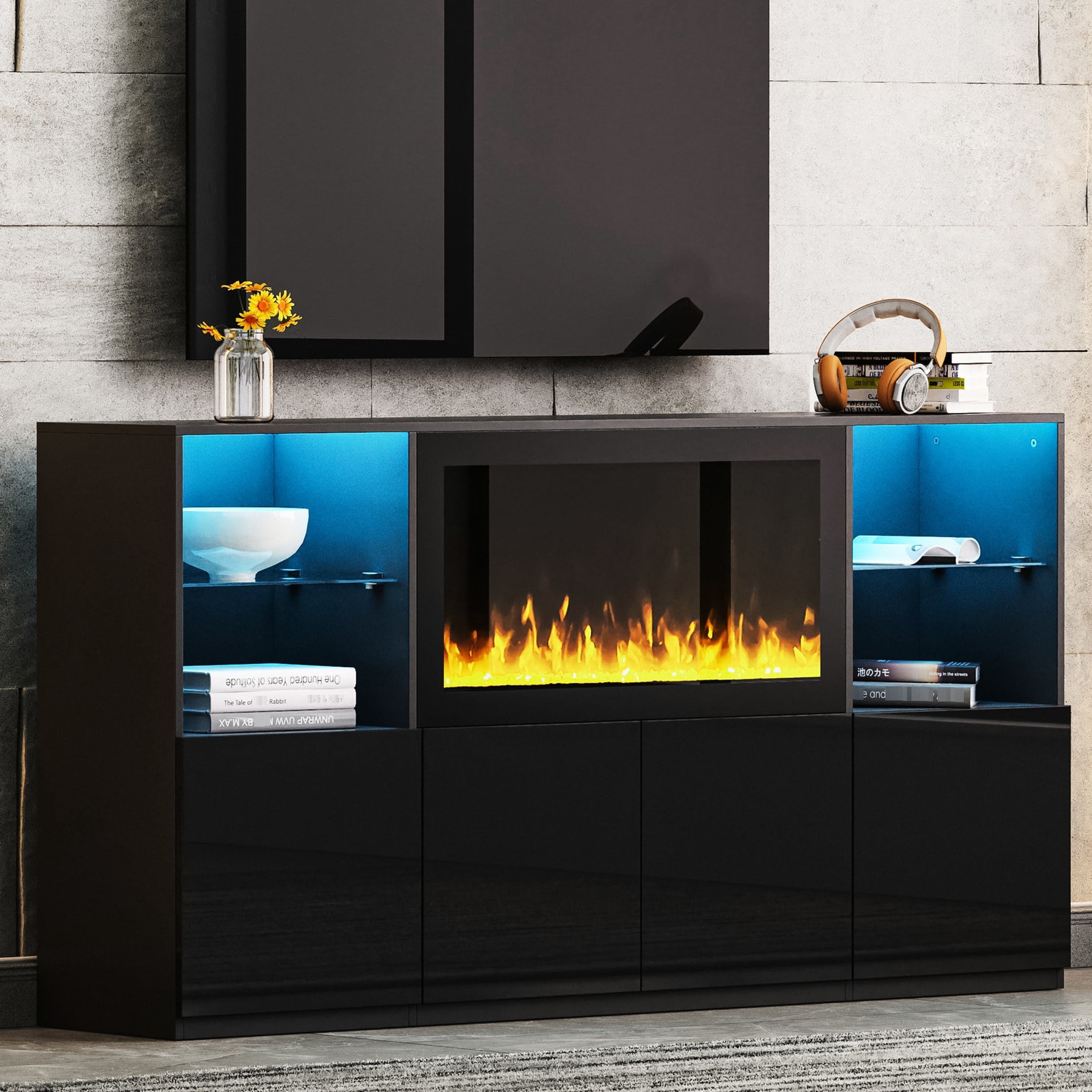 Modern MDF TV Stand - Shimmering LED & Safe Fireplace - Living Room ...