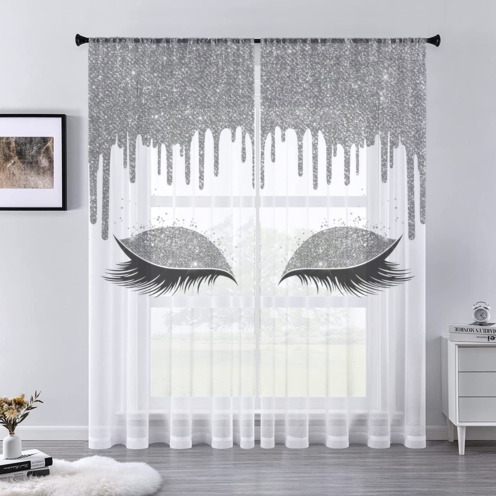 Modern Makeup Eyelashes Tulle Sheer Curtains Beautiful Female Eye Pink ...