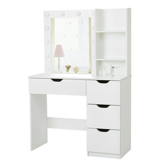 Modern Makeup Vanity Desk with LED Lighted Mirror, 4 Drawers, 2 Storage ...