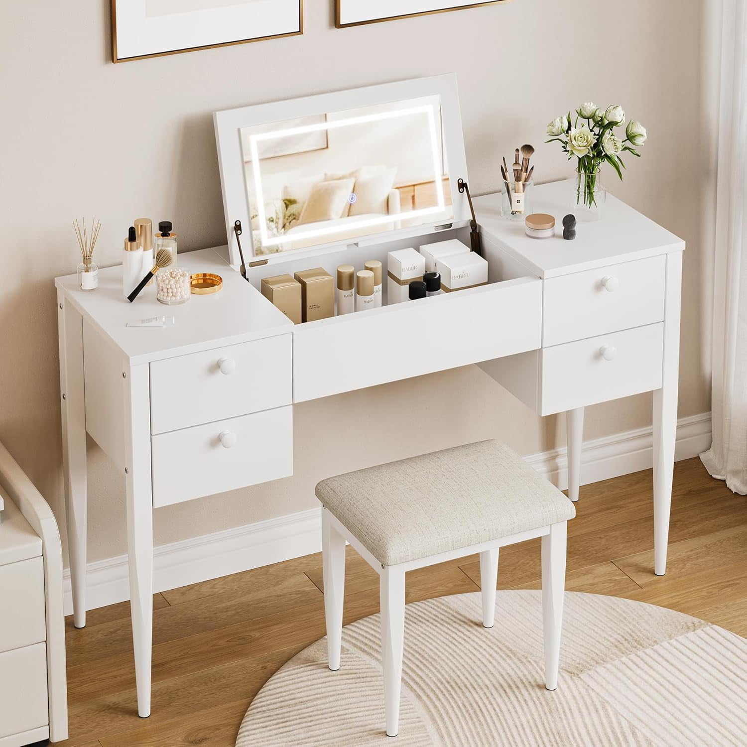 Modern Makeup Vanity Desk with Lights and Stool - Bedroom Vanity Table ...