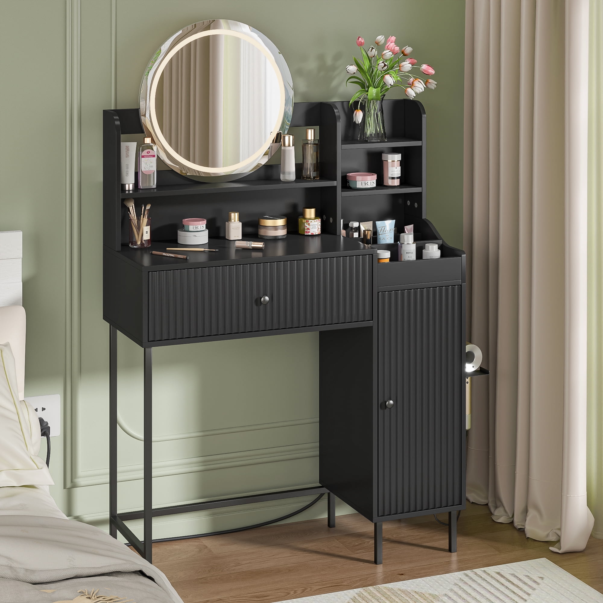 Modern Makeup Vanity Desk with Mirror and Light, Fluted Vanity Table ...