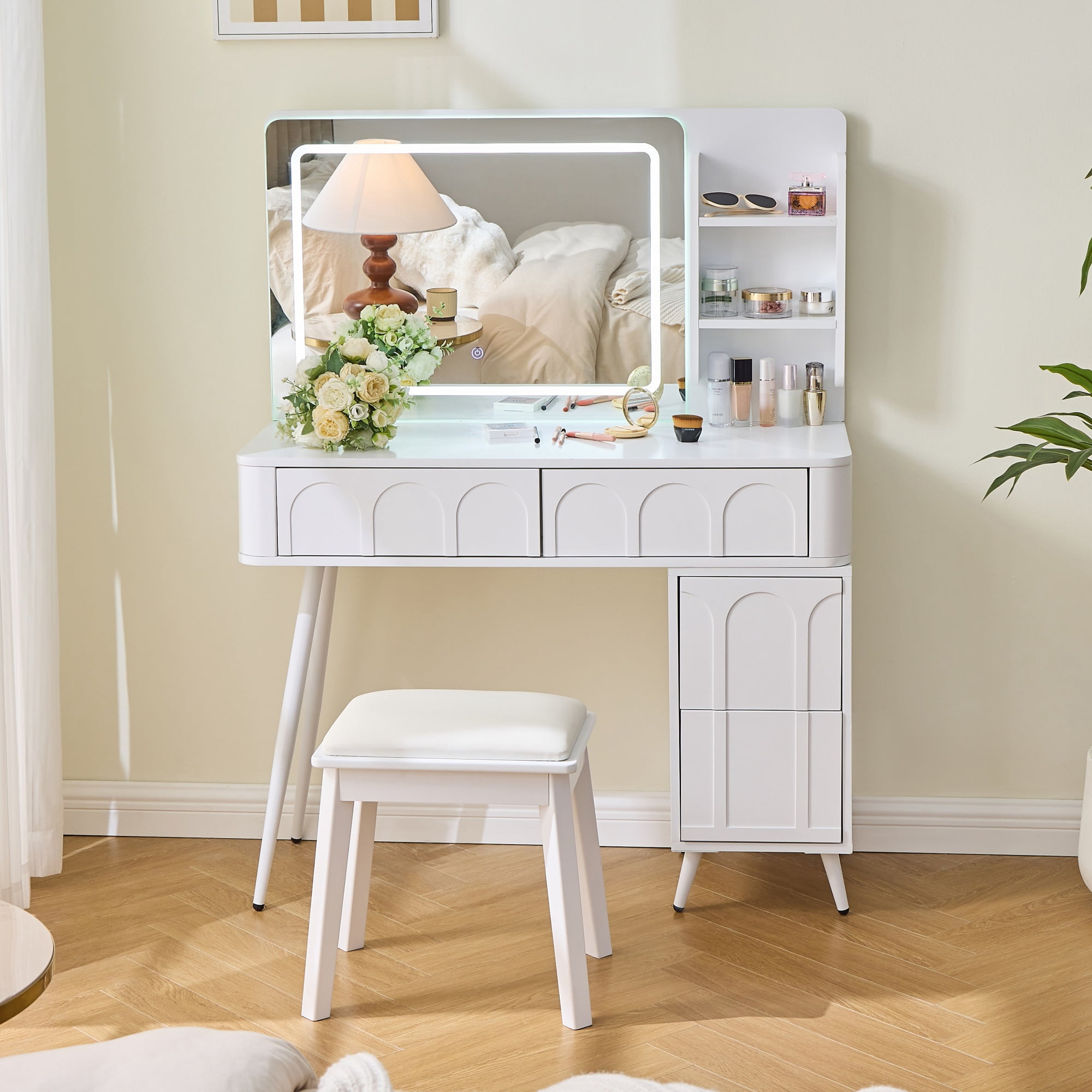 Modern Makeup Vanity Desk with LED Lights & Mirror, 4 Drawer Dressing ...