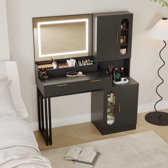 Modern Makeup Vanity Desk with LED Mirror & Charging Station - Fluted ...