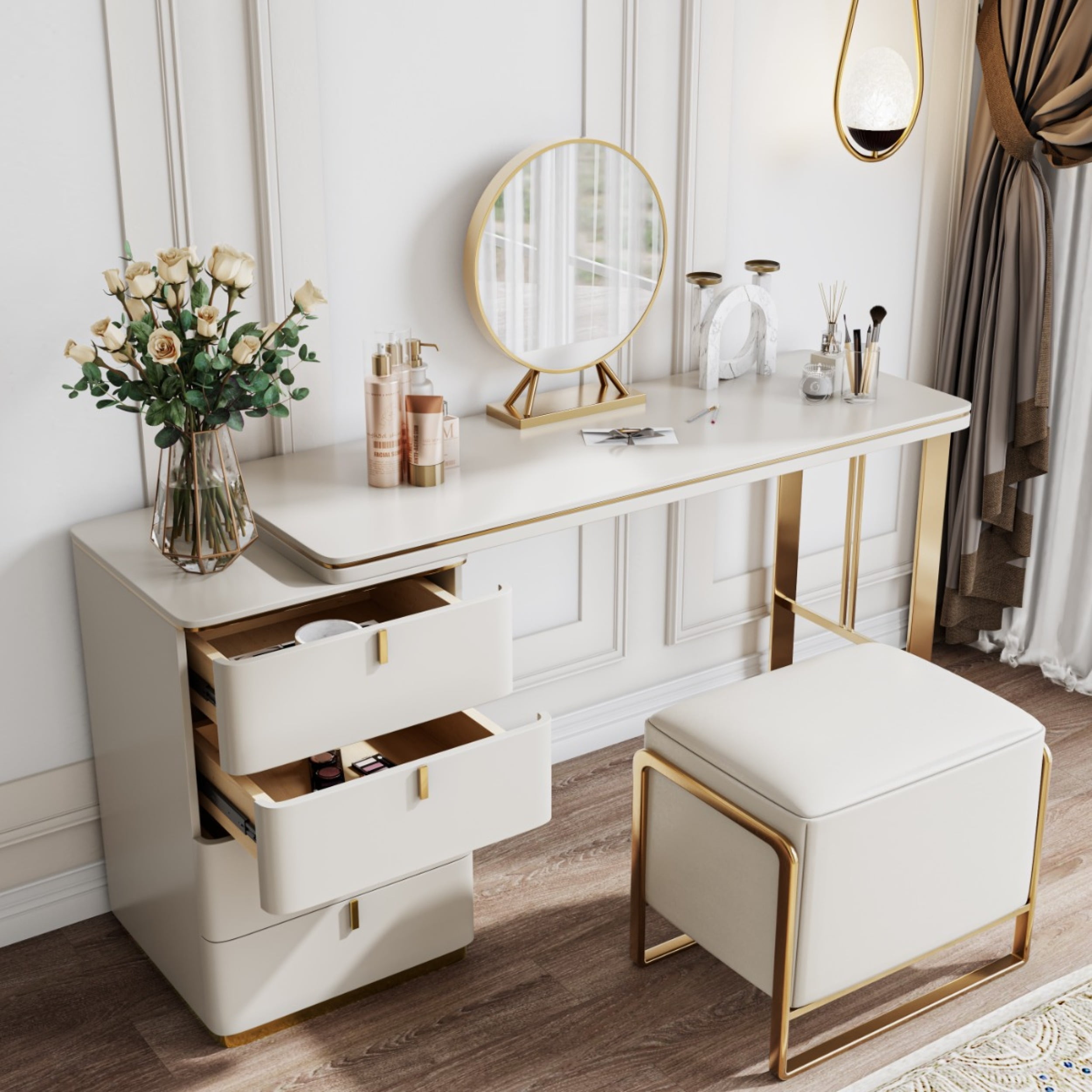 Modern Makeup Vanity, Dressing Table Set with 4 Drawer, PU Leather ...