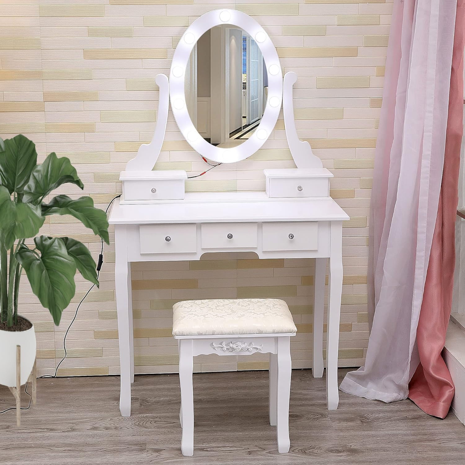 Modern Makeup Vanity, Girls Vanity Set with Lighted Mirror and ...