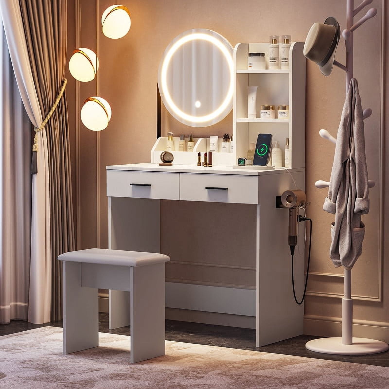 Modern Makeup Vanity with Round Mirror and Drawers,White Vanity Table ...