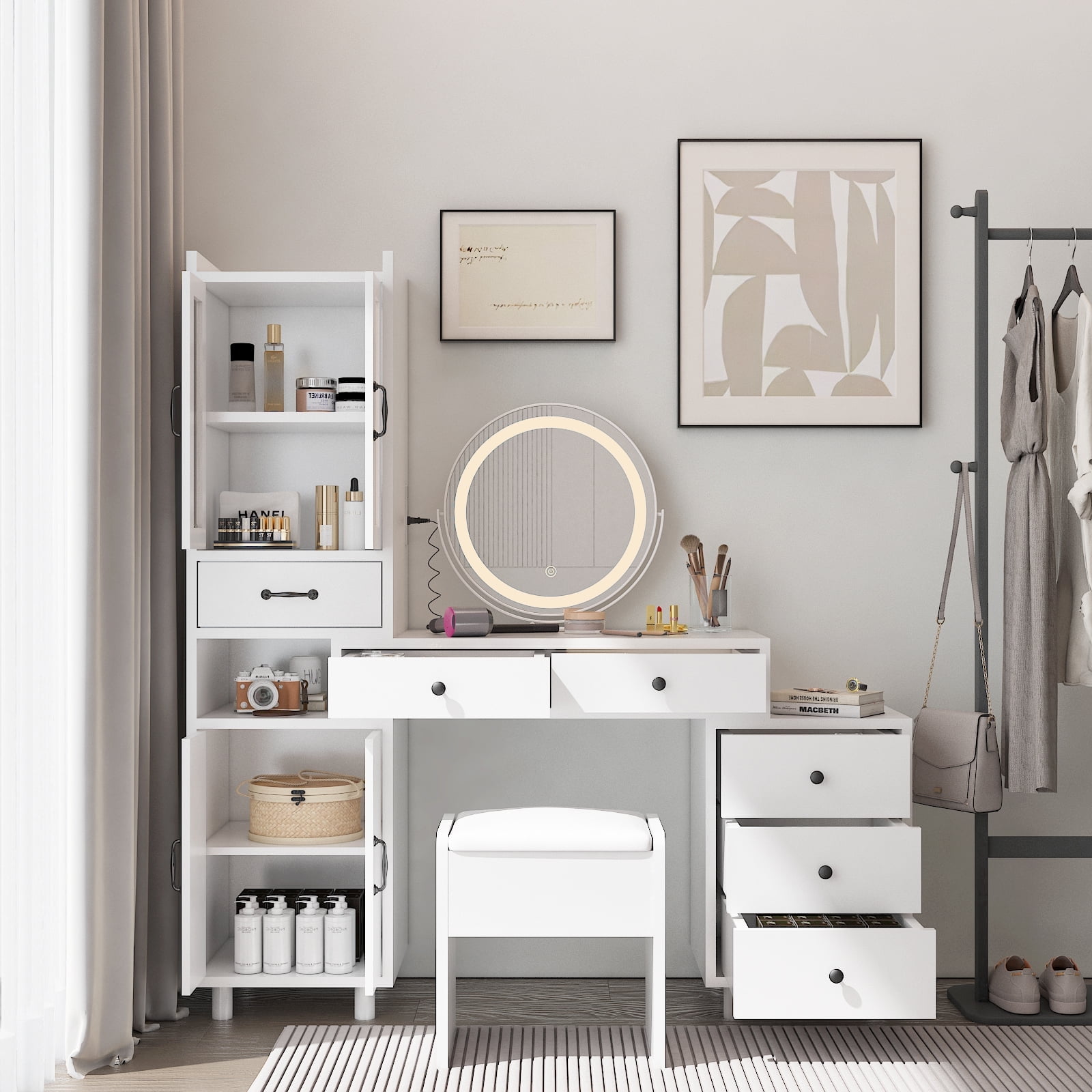 Modern Makeup Vanity Table Set with LED Mirror, Side Cabinet ...