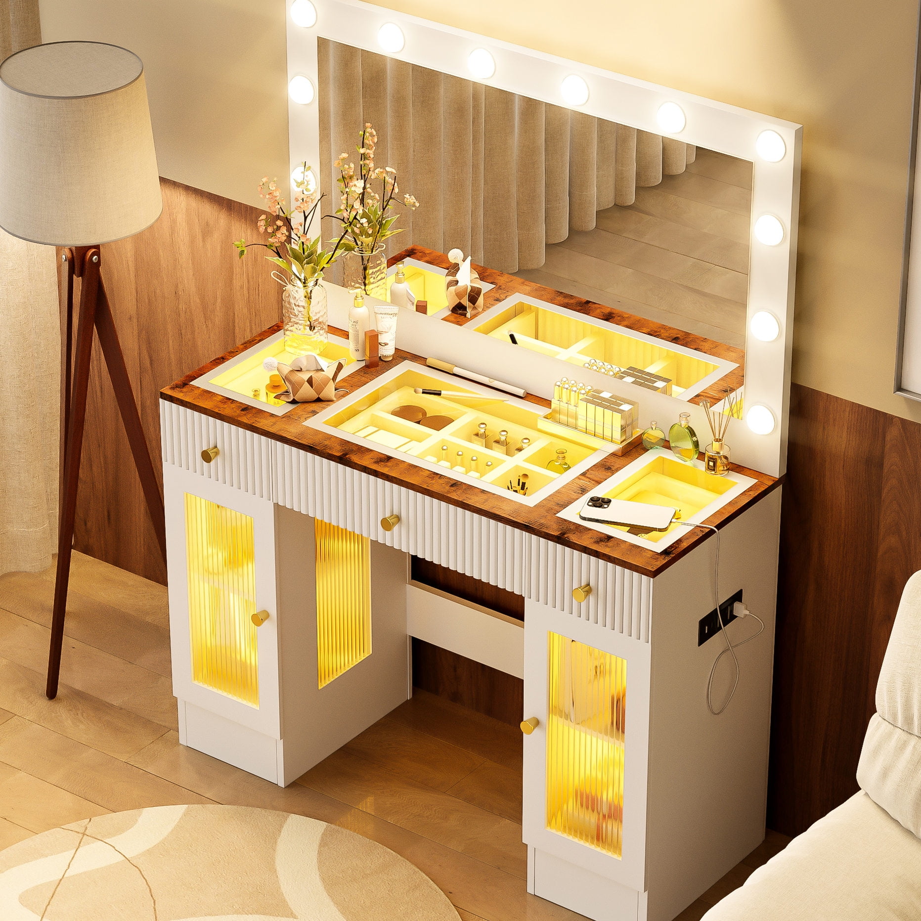 Modern Makeup Vanity with 3 Drawers and 2 Cabinets / RGB Lighting ...