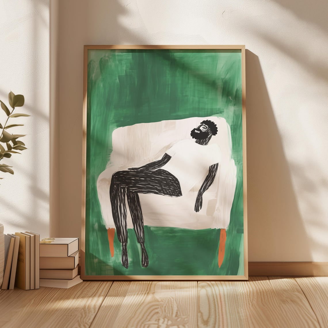 Modern Man Relaxing On Sofa, Minimalist Print, Green Background, Cozy ...