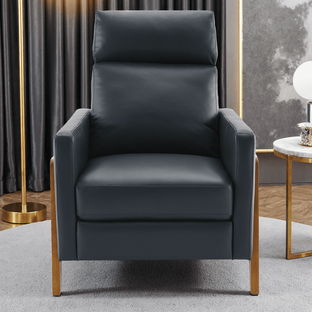 Modern Manual Push Back Genuine Leather Recliner with Wood Frame ...